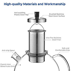 67oz XL Large Glass Teapot with Infuser Stovetop Safe, Tea Pots for Loose Tea Glass, Glass Tea Kettle for Stove Top, Clear Teapot with Strainer for Loose Tea (2000ml, 8 Cups)