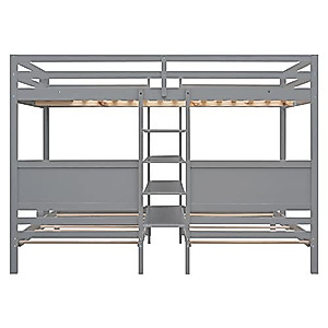 BOVZA Modern Triple Bunk Bed Frame, Twin XL Over Twin&Twin Wooden Bunk Bed with Built-in 4 Shelves and Ladder, Saving Space, Gray