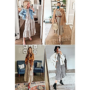 PRETTYGARDEN Women's Summer Casual Boho Dress Floral Print Ruffle Puff Sleeve High Waist Midi Beach Dresses (Blue Apricot,Medium)