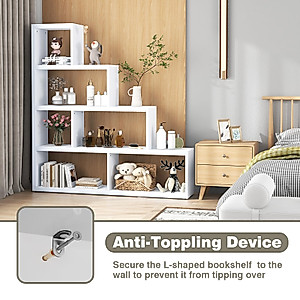 SILKYDRY 4 Tier Bookshelf, L Shaped Ladder Corner Bookshelf, 6 Cubes Stepped Etagere Bookcase, 10 Shelves Storage Display Rack for Living Room Home Office Hallway (White)