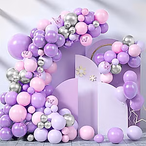 Pink and Purple Balloons Arch Kit, Purple and Silver Balloon Garland Kit with Pink Purple Silver Balloons Butterfly Stickers, DIY Balloon Party Decoratived for Birthday Baby Shower New Year Christmas