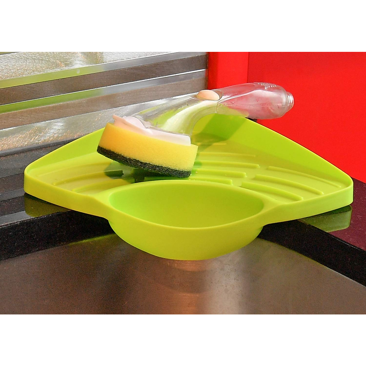 HOME-X Sponge Holder Kitchen Decor, Triangle Sink Corner Shelf - Storage Rack Suction Cup Holder Organizer for Dish Cloth Sponge Soap Cleaning Brush (Green)