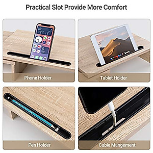 AMERIERGO Dual Monitor Stand -Adjustable Length and Angle Dual Monitor Riser, Computer Monitor Stand w/2 Slot, Desktop Organizer, Monitor Stand Riser for PC, Computer, Laptop (Wood)