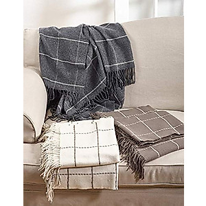 SARO LIFESTYLE Geometric Windowpane Design Tassel Wool Blend Throw Blanket, 50" x 60", Ivory