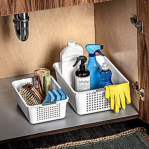 Madesmart Plastic Multipurpose Storage Basket with Handles, Portable Under Sink and Cabinet Organizer Storage Bin, Medium, White