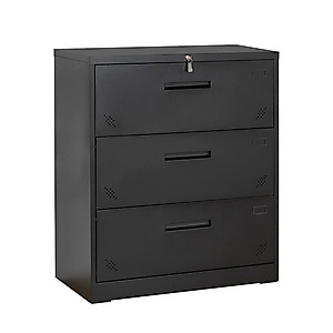 Lateral File Cabinet with Lock, 3 Drawer Lateral Filing Cabinet for Legal/Letter A4 Size, Locking Wide File Cabinet for Home Office, Metal Steel (Black, 3 Drawer)