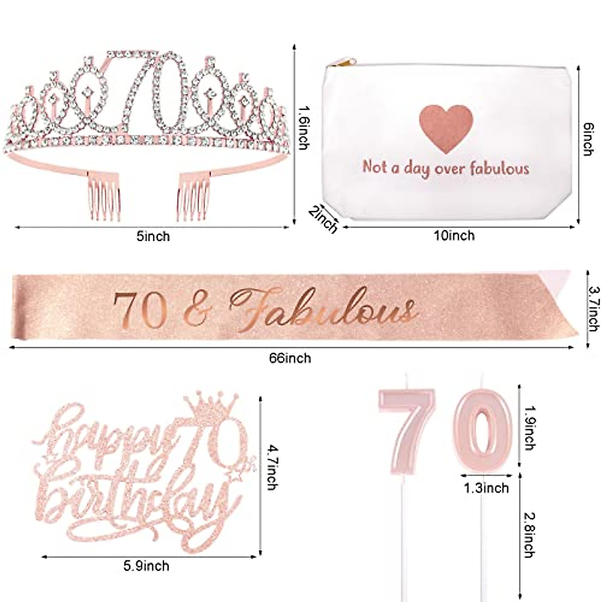 70th Birthday Decorations for Woman, 70th Birthday Sash, Tiara Crown, Canvas Makeup Bag, Cake Topper & Candles, 70th Birthday Gifts for Her Birthday Party
