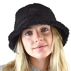 C.C Women's Winter Faux Fur Teddy Style Fisherman Bucket Hat, Black