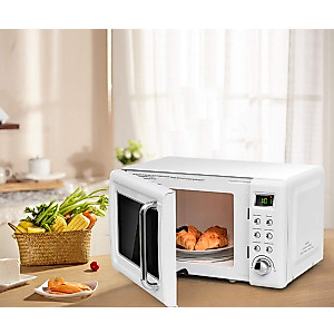 Retro Microwave Oven,Safeplus 0.7Cu.ft, Countertop 700W Microwaves with Cold Rolled Steel Plate 5 Micro Power Defrost & Auto Cooking Function LED Display Glass Turntable and Viewing Window Child Lock