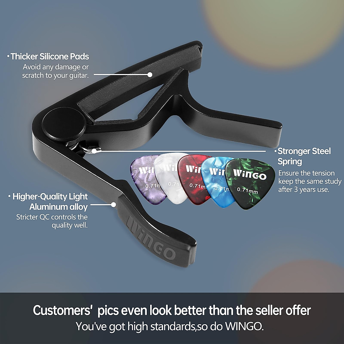 WINGO Guitar Capo for Acoustic and Electric Guitars with 5 Picks for Free, Black.