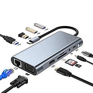 Pxierra USB C Hub,Compatible for Laptop PC MacBook Series,5/8/11 Port in 1 USB Hub Docking Station Type C Ethernet Adapter,USB 2.0 3.0 Hub,RJ-45 TF SD Card Reader,VGA HDMI Port,Home Office (11 in 1)