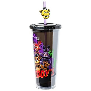 Silver Buffalo Five Nights at Freddy's I Survived Plastic Cold Cup with Lid and Topper Straw, 24 Ounces