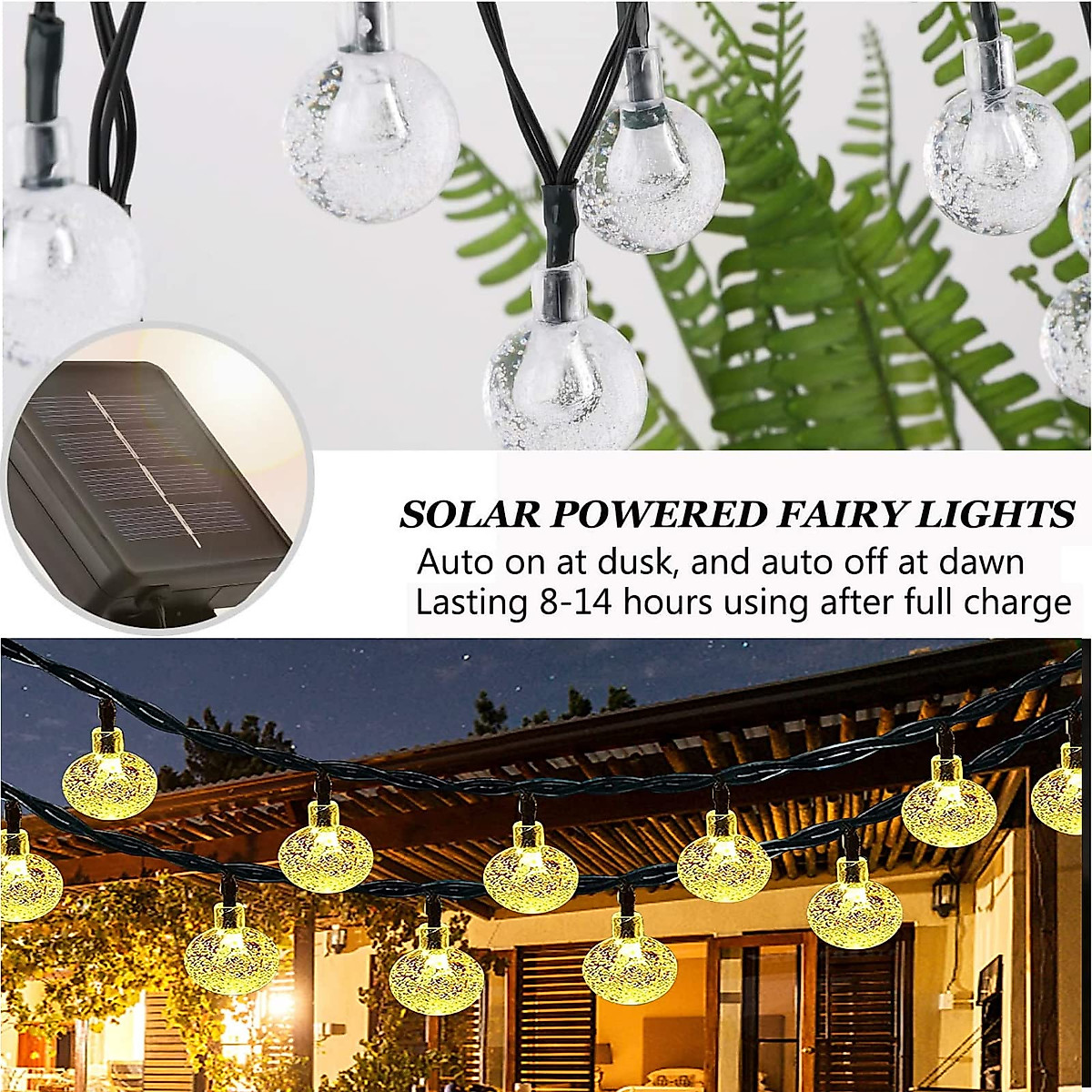 Oreunik 30 LED Crystal Ball Outdoor Solar Powered String Lights, 8 Modes, 24 Ft, Warm White, Waterproof, Patio/Garden/Yard/Outside