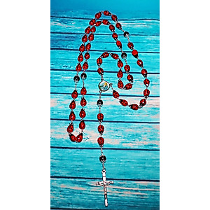 col-p Catholic Steel Rosary Ceramic Ladybug Devotional 29" inch long centerpiece Lady of Grace Sanctified Papal Crucifix Zinc Alloy