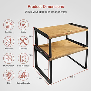 Goozii Kitchen Cabinet Organizer Shelves Set of 4, Expandable Counter Shelf Rack for Plate Dish Cup Mug Spice, Stackable Shelf Riser for Pantry Cupboard Desk Top Corner Storage (Bamboo, Black)