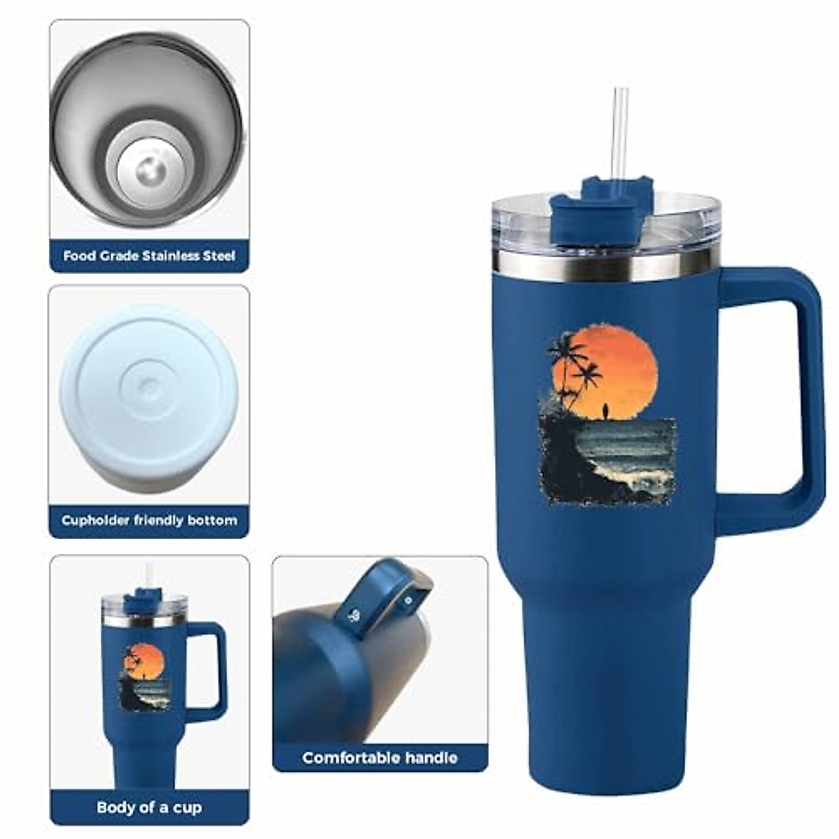 LB LEOBON 40 ounce insulated cup with handle, double-layer vacuum stainless steel material, equipped with straw, can keep warm or maintain cold drinks Neone Poppe Sunset 2 Cowboy Blue