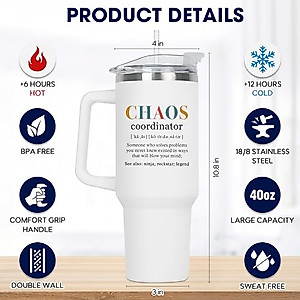 TEEZWONDER Funny Gifts for Women - Chaos Coordinator Insulated 40 Oz Tumbler With Handle - Birthday Thank You Gifts for Women Friends Coworkers Boss Colleagues Employee Teacher Nurse