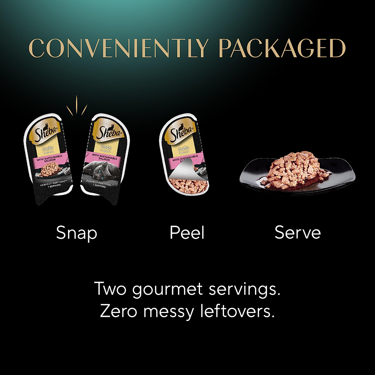 SHEBA Perfect Portions Cuts in Gravy Wet Cat Food Trays (24 Count, 48 Servings), Gourmet Salmon, Sustainable Tuna, And Delicate Whitefish & Tuna Entrée, Easy Peel Twin-Pack Trays