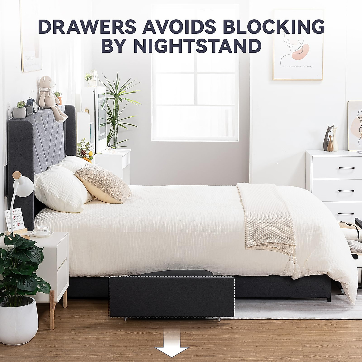 COMHOMA Bed Frame Queen Size with Type-C & USB, Queen Size Bed Frame with 3 Storage Drawers, Upholstered Bed Frame Queen with Wingback Headboard, Steel Slats Support, Dark Grey