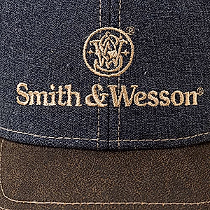 Men's Adjustable Two-Toned Green & Denim Trucker Baseball Hat with Smith & Wesson Emblem Logo, Contrast Stitching, and Off-White Mesh- Offically Licensed