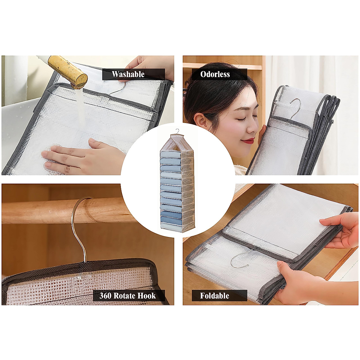 AARAINBOW 2 Packs Yoga Legging Storage Organizer Hanging Clothes Storage Shelf Short, Foldable Hanging Closet Organizer for T Shirt Tank Top 12 Shelves Hanging Organizer (Gray White)