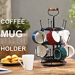 Jemeni Coffee Mug Cup Tree Rack Holder Stand for Counter with Wooden Handle, 15-Hook, Black…