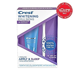 Crest Whitening Emulsions Leave-On Teeth Whitening Gel Kit + Overnight Freshness with Wand Applicator and Stand, Apply & Sleep, 0.88 Oz