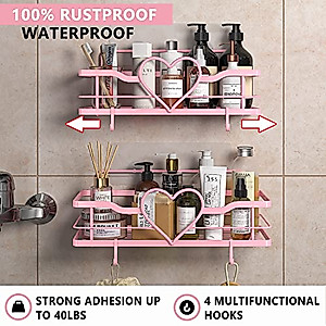 FLCITY Sweet Heart Shower Caddy with 4 Hooks, 2pcs No Drilling Self Adhesive Shower Organizer Shelf, Stainless Steel Bathroom Shower Shelf, Rustproof Shower Rack for Bathroom Kitchen Storage