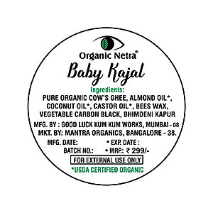 Organic Netra Baby Kajal - 100% Natural, Enriched With Certified Organic Ingredients, Chemical-Free Kajal, Water Resistant and Long Lasting - 8g