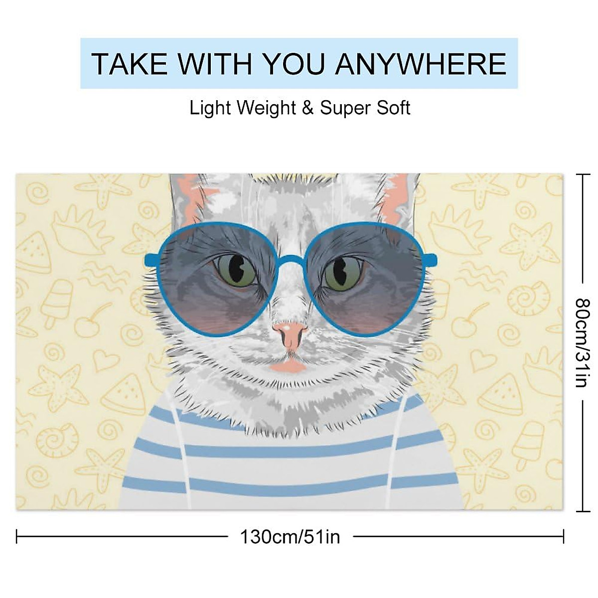 Stylized Portrait Cat Microfiber Absorbent Lightweight Beach Towels Fast Dry Oversized Sand Free Beach Blanket 31x51in for Swimming Camping Travel Gym and Yoga