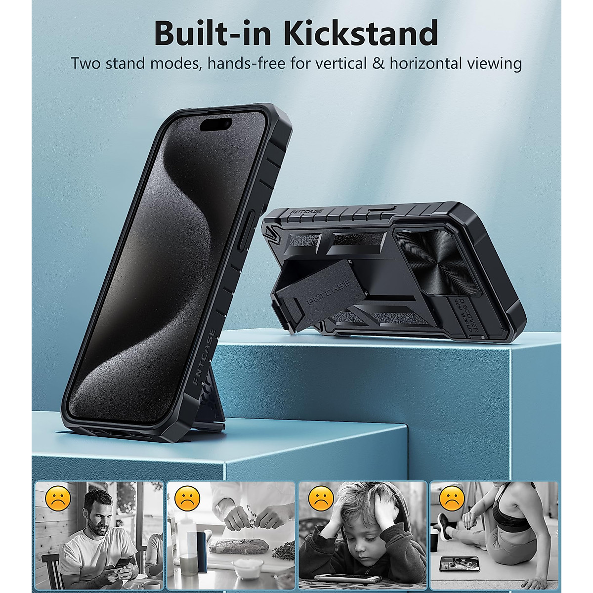 FNTCASE for iPhone 15 Pro Case: Military Grade Drop & Shock Protection Cell Phone Cover with Kickstand & Slide | Rugged Protective Bumper Textured | Heavy Duty Protector(Black)