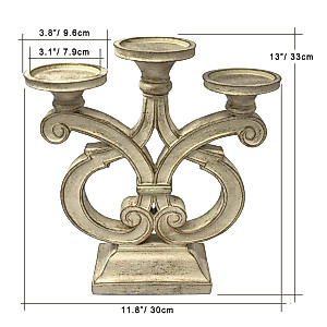 Antique Resin Candle Holder W/3 Arms,Fit 3.1" Candle, 11.8" H Candle Holders ,Ideal for LED & Pillar Candles, Gifts for Wedding,Party, Home, Spa, Reiki, Aromatherapy,Votive Candle Gardens.