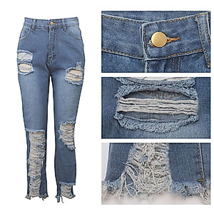 Maiyifu-GJ Women Destroyed Raw Hem Jeans High Waisted Ripped Loose Boyfriend Denim Pants Distressed Ankle Washed Jean Trousers (Blue,Small)