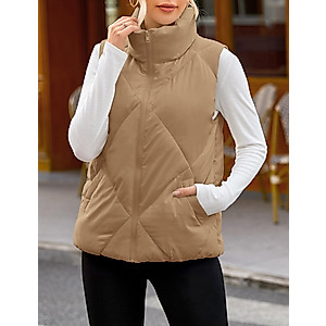 MEROKEETY Womens Puffer Vest Sleeveless Zip Up Quilted Coat Lightweight Stand Collar Gilet Jacket With Pockets Khaki Medium