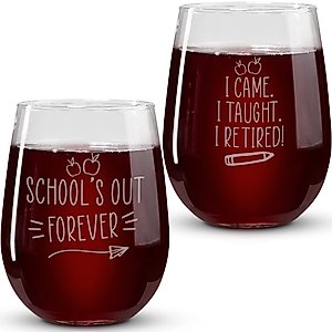 Retirement Gifts for Women 2022 - 2PC Retired Teachers Stemless Wine Glass 17Oz- Funny Teacher Gifts - Gifts for Daycare Provider - Teacher Appreciation Gifts - Retired Gifts for Professors