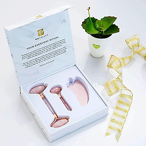 Rose Quartz Roller with Gua Sha, Mini Eye Roller set - Jade Roller for Face - Face Roller 100% Natural Authentic Crystal - Face Massager, Facial Roller for Skin Care, Eyes, Neck - Tones, Firms, Depuff