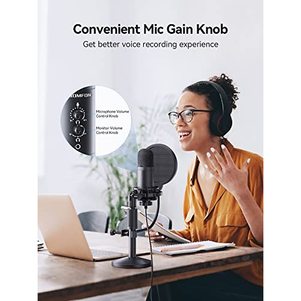 SOOMFON USB Computer Microphone Condenser Podcast Microphone for PC, Recording, Gaming, Streaming, Upgraded Mic with Height Adjustable Stand, Headphone Output, Gain and Volume Knob