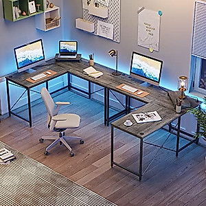 Bestier L Shaped Desk Computer Long Desk Reversible Corner Desk for Home Office with Power Outlet Monitor Stand 2 Cable Holes USB Socket 95.2 Inch 2 Person L Desk, Gray