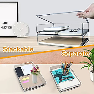Paper Tray Organizer for Desk, Letter Trays Holder Acrylic Tray with Drawers Stackable Office Desk Organizers and Accessories File Paper Tray for Workspace Organization, 2-Tier Clear