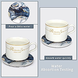 6 Pcs Abstract Blue Marble Ceramic Coasters with Holder Best Absorbent Drink Coasters Round Ceramic Table Coasters Set Decorative Coffee Cup Beverage Coasters Wine Beer Bar Coasters