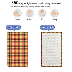 Plaid Themed Fitted Mini Crib Sheets,Portable Mini Crib Sheets Toddler Bed Mattress Sheets-Crib Mattress Sheet or Toddler Bed Sheet,24“ x38“,Salmon Earth Yellow