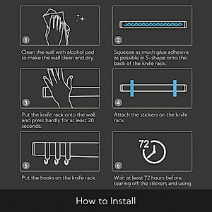 KITCHENDAO Stainless Steel Magnetic Knife Strip with 3 Hooks,16 Inch Stick on Magnetic Knife Holder for Wall,Adhesive Metal Magnetic Kitchen Knife Bar Rack,No Drilling,Modern Black