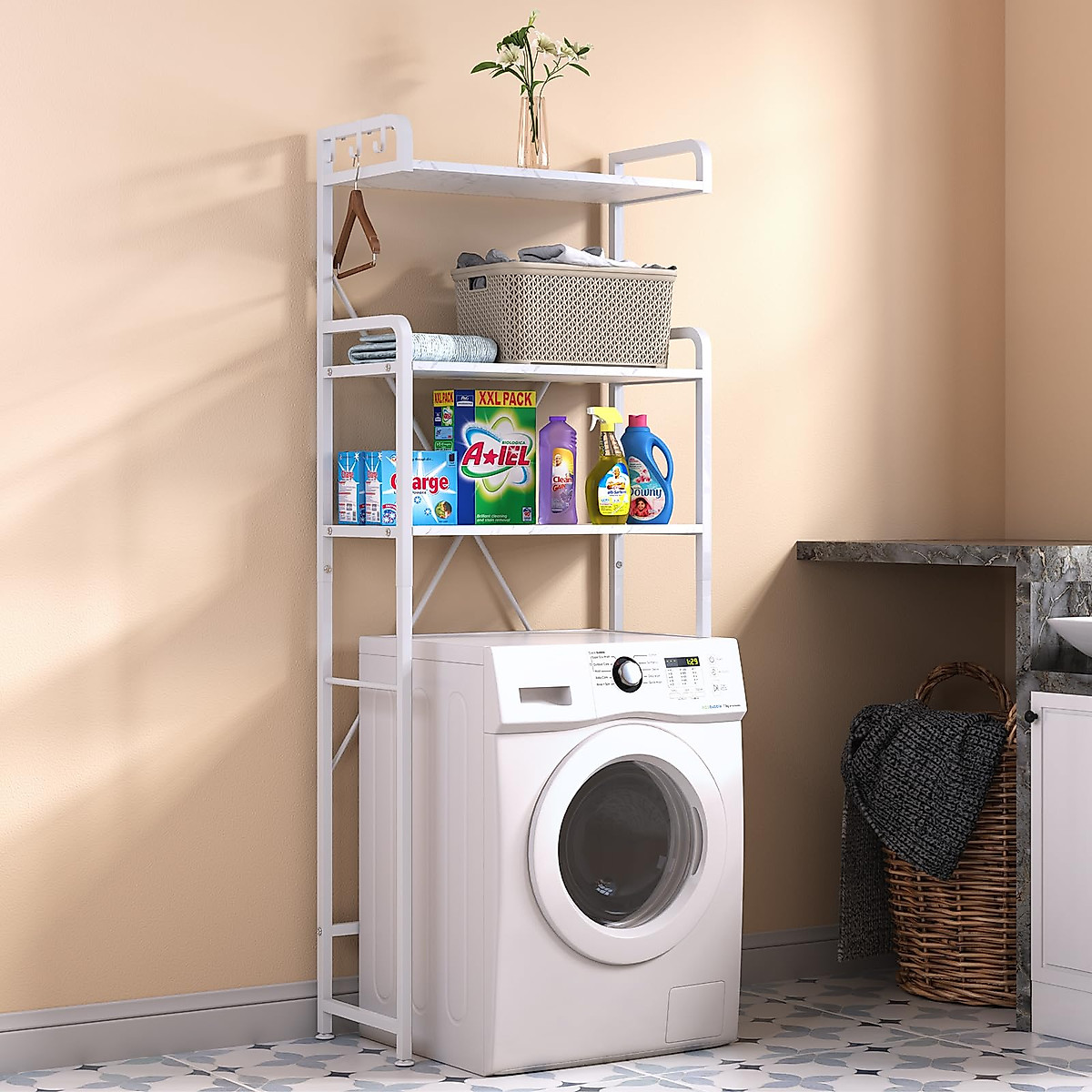 Huhote Over The Toilet Storage Rack with 3-Tier Bathroom Shelves, Space Saver Toilet Shelf, Bathroom Storage Organizer with Hooks for Over Toilet Storage and Bathroom Shelf (White Faux Marble)