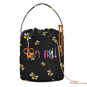 Fustylead Bee Large Yarn Storage Tote Basket, Knitting Crochet Drawstring Organizer Bag for Crocheting Project, Yarn Balls, Needles Accessories