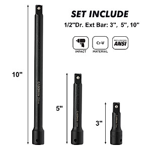 CASOMAN 18PCS 1/2" Drive Impact Socket Set, Deep, Cr-V Steel, Metric, 10mm-24mm, Includes Extension Bars:3-inch, 5-inch, 10-inch