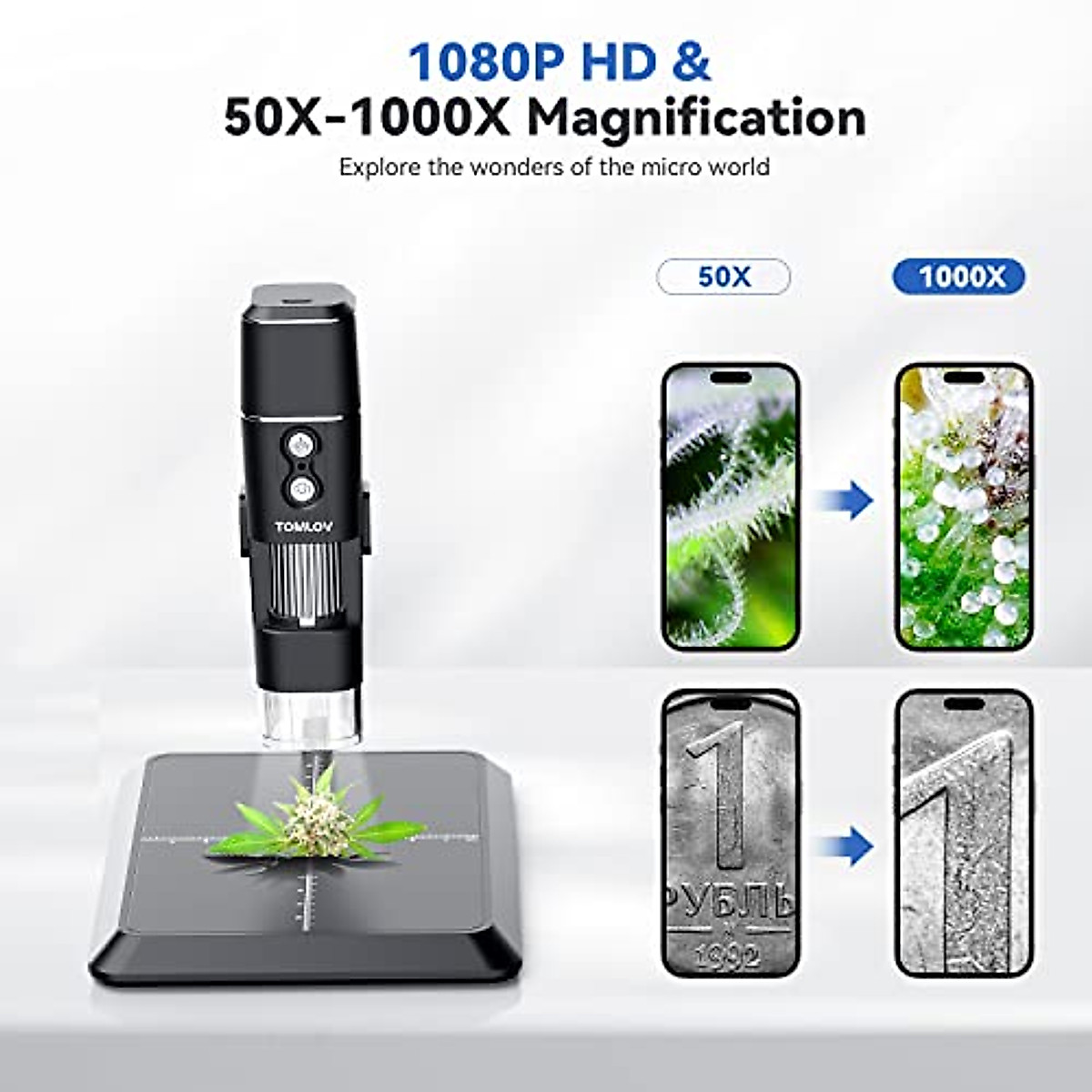 TOMLOV DM1 Wireless Digital Microscope 50X-1000X [1080P HD & Full Lighted View] WiFi Portable Handheld Mini USB Trichome Coin Microscope Camera Magnifier for iPhone iPad Android Phone & Computer