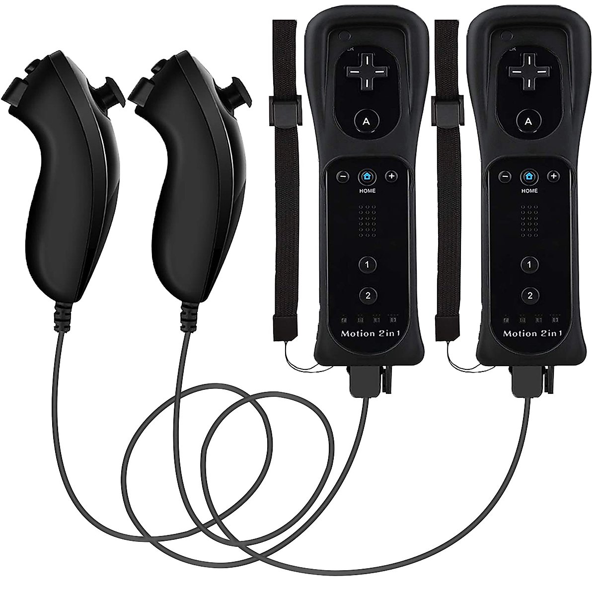 Wii Controller 2 Pack, Wii Remotes with Motion Plus and Nunchucks Compatible with Wii & Wii U Console, Wireless Remote come with Silicone Case and Wrist Strap (2 Black)