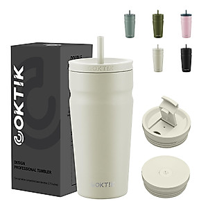 COKTIK 20oz Insulated Tumbler with Lid and Straw 2 Lids (Straw/Flip) Iced Coffee Cup Reusable Stainless Steel Travel Mug Water Bottle Cupholder Friendly for Women Men Her Him (Almond Birch)
