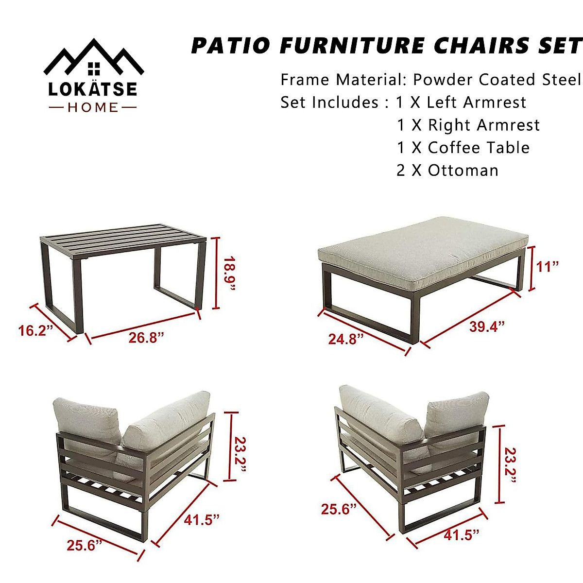 LOKATSE HOME Patio Furniture Conversation Metal Sofa Sunroom Indoor Chaise Lounge Cushioned Chairs with Ottoman Table, 5 Piece Set, Grey