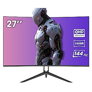 CRUA 27" Curved Gaming Monitor, QHD(2560x1440P) 144Hz/165Hz 99% sRGB Professional Computer Monitors, Support AMD FreeSync, Wall Mountable Installs(HDMI, DP)-Black